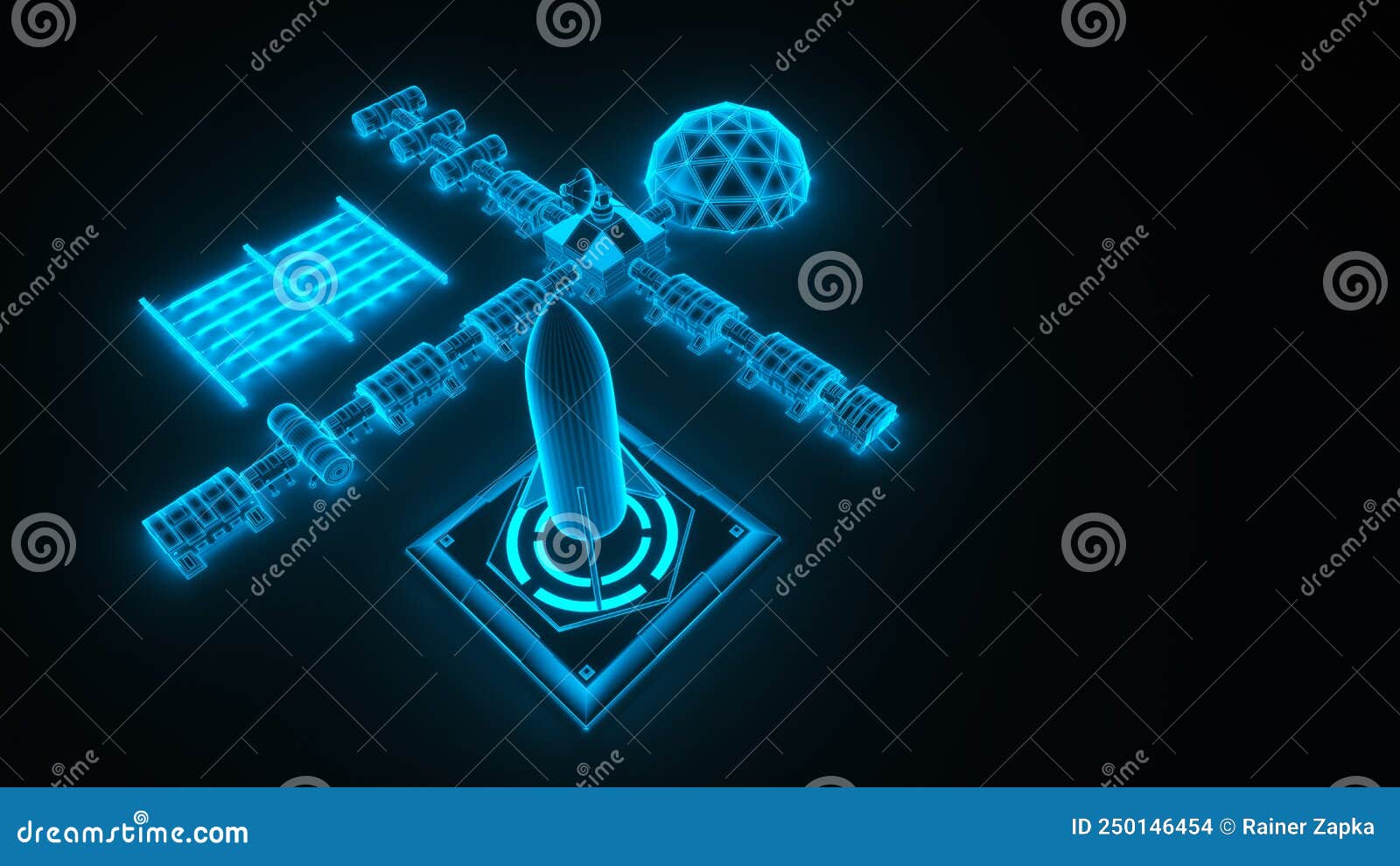 Blue Wireframe from a Space Station 3d Rendering Stock Illustration ...