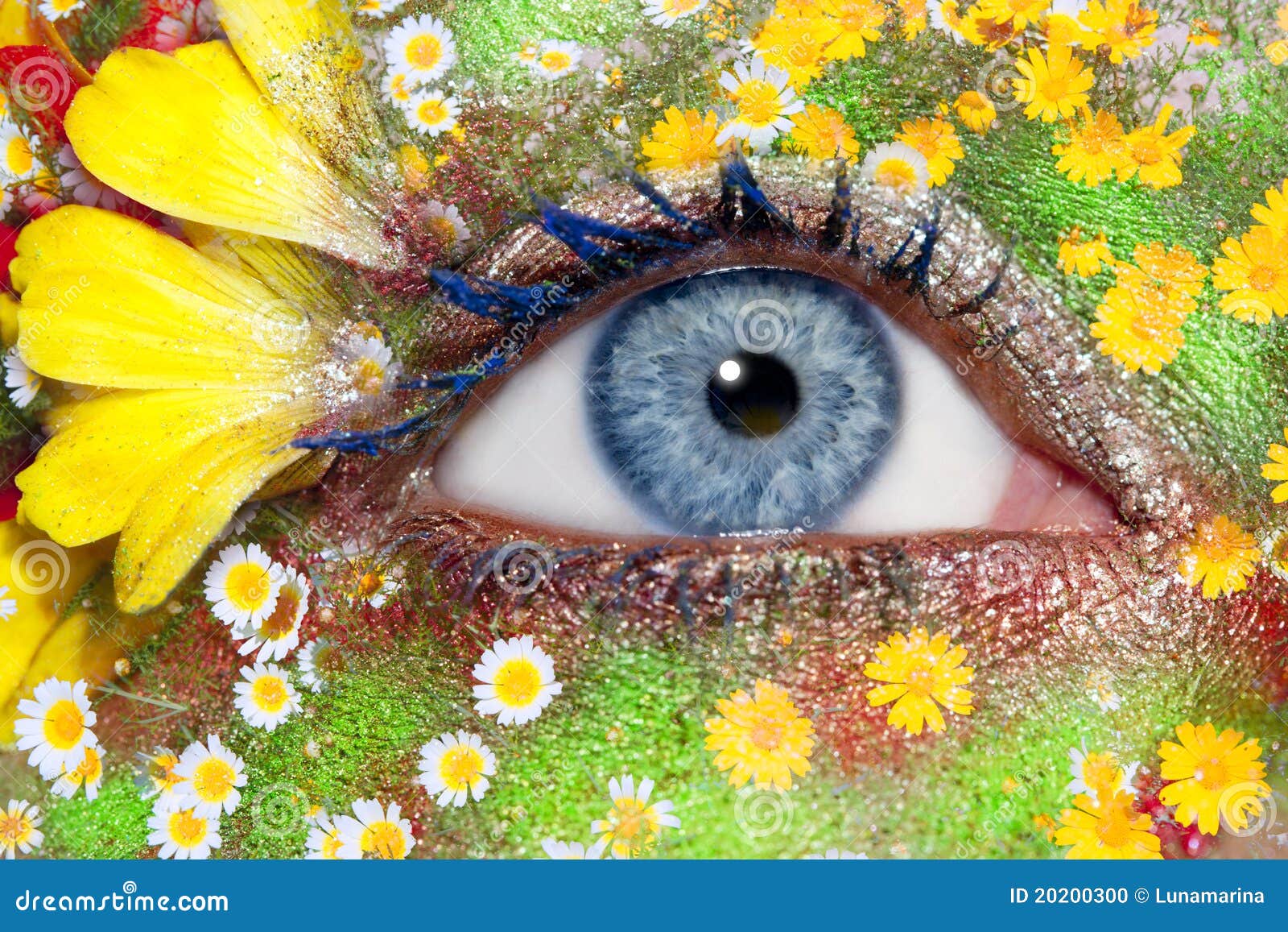 Blue Woman Eye Makeup Spring Flowers Metaphor Stock Photo - Image of ...