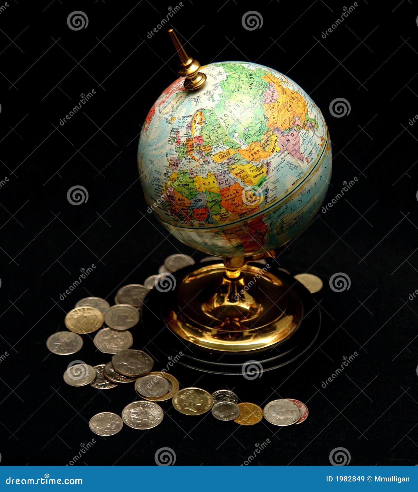Blue World Globe with Coins Stock Image - Image of atlas, planet: 1982849