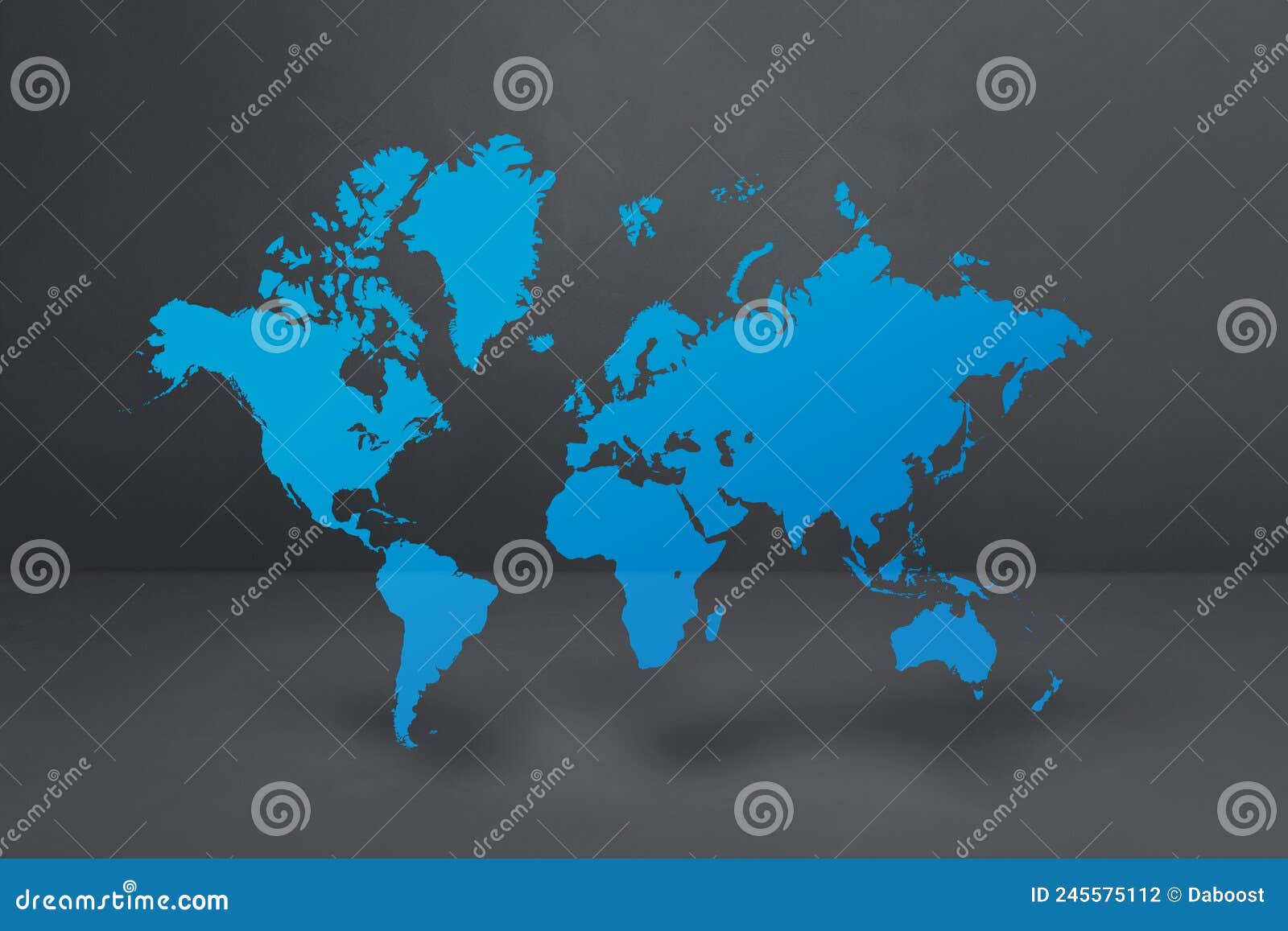 Blue World Map on Black Concrete Wall Background. 3D Illustration Stock ...