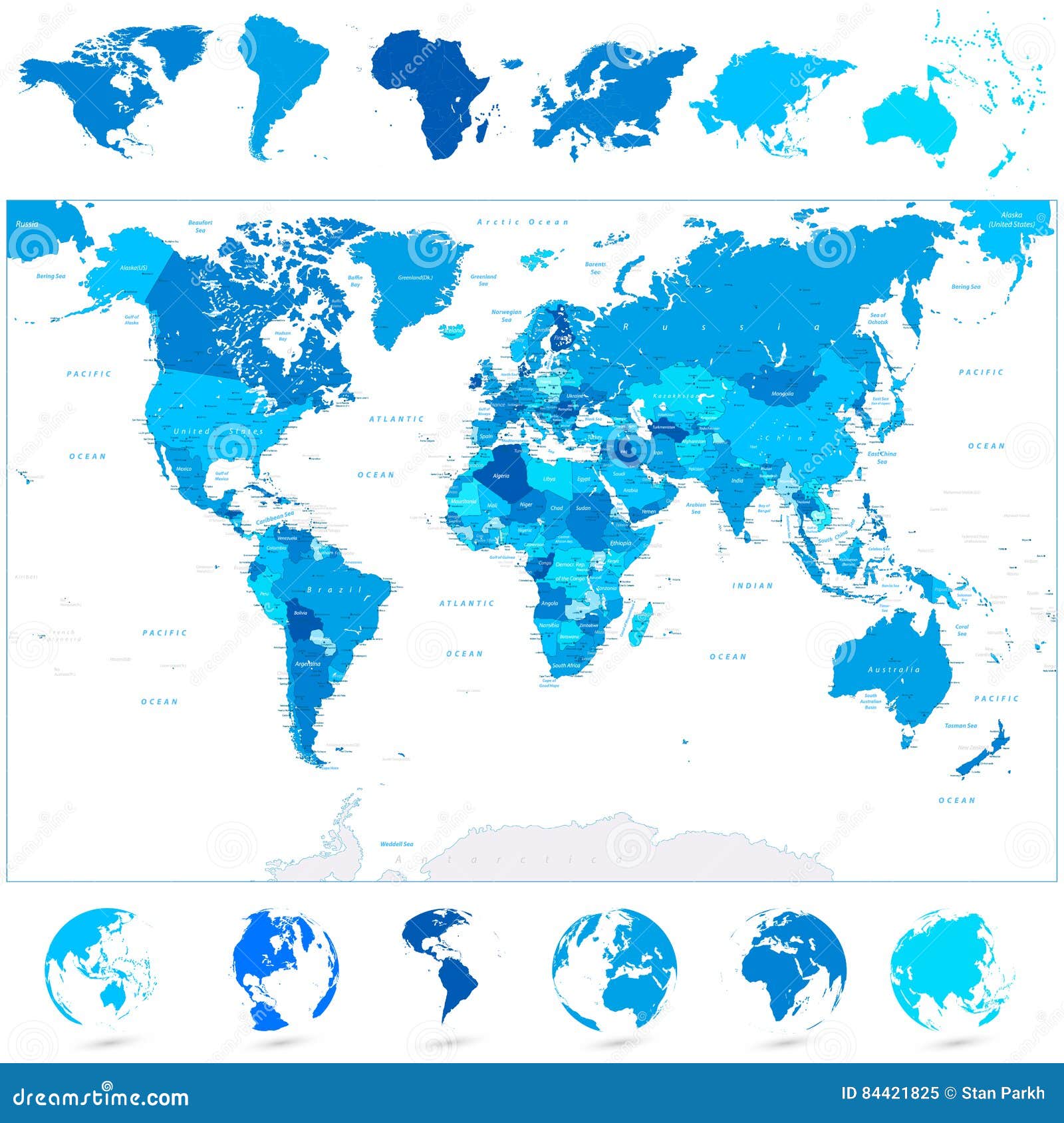 Blue World Map and Continents Stock Vector - Illustration of americas ...