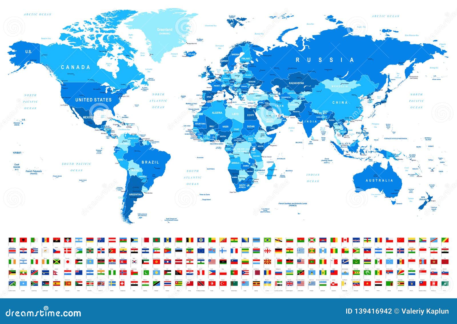 Blue World Map and Flags - Borders, Countries and Cities -illustration ...