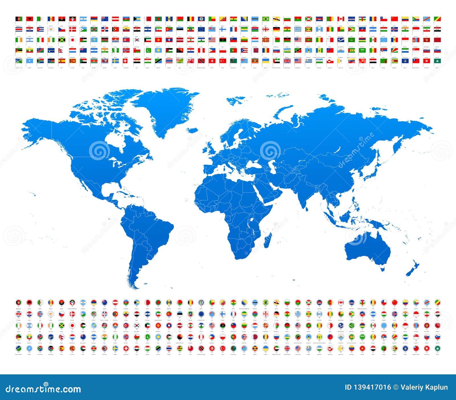 Blue World Map and Flags - Borders, Countries and Cities -illustration ...