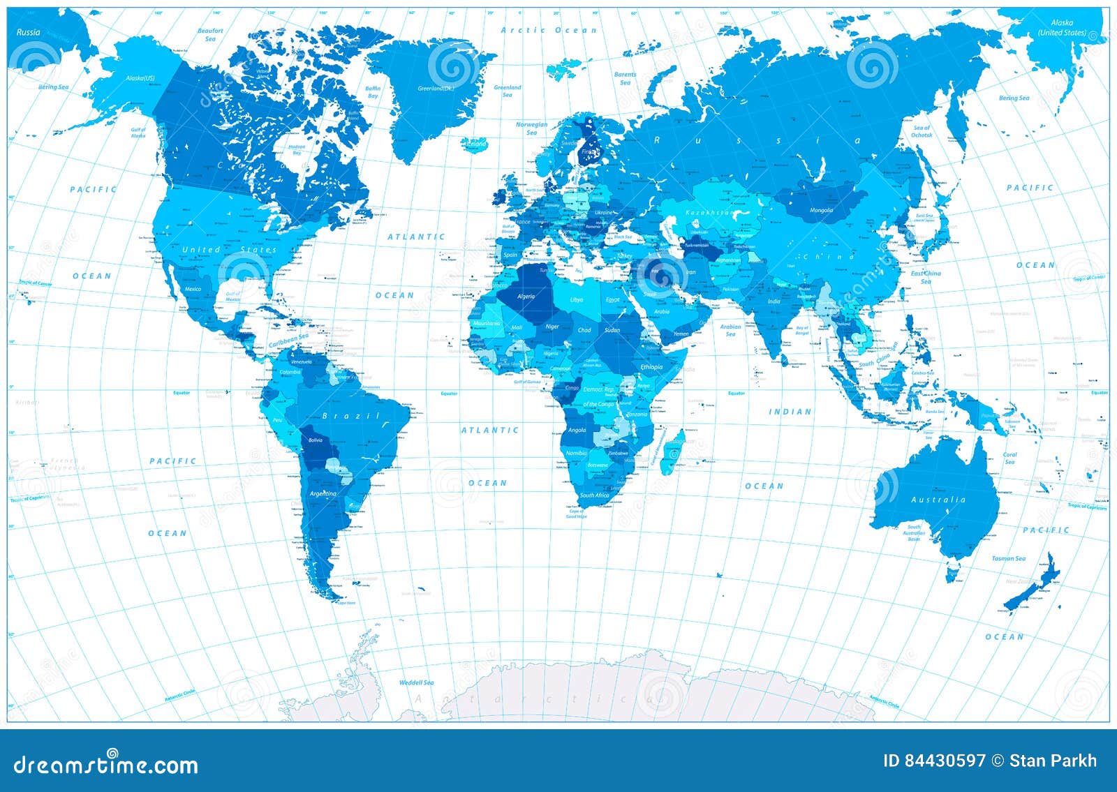 Blue World Map Isolated on White Stock Vector - Illustration of city ...