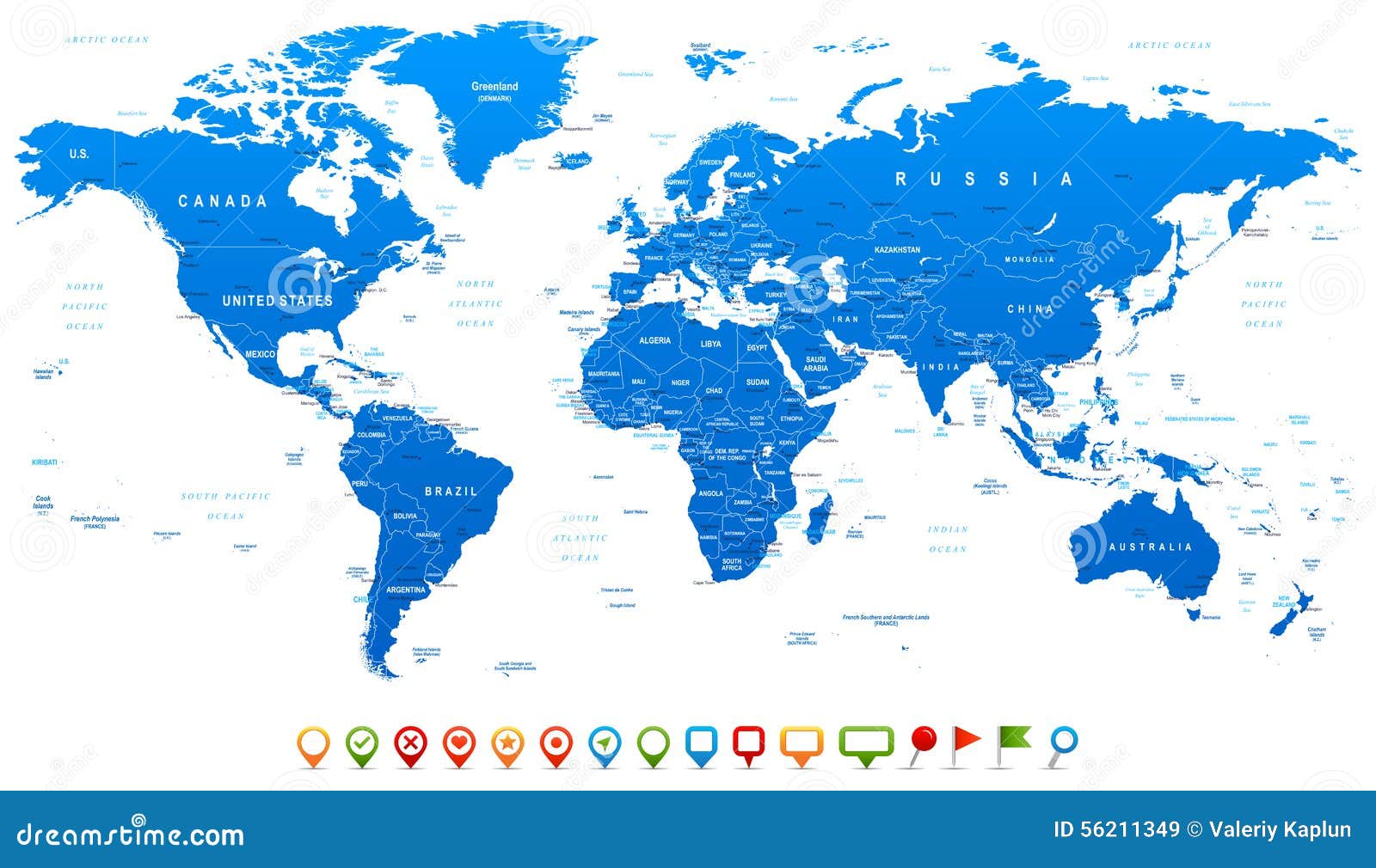 Blue World Map and Navigation Icons - Illustration Stock Vector ...