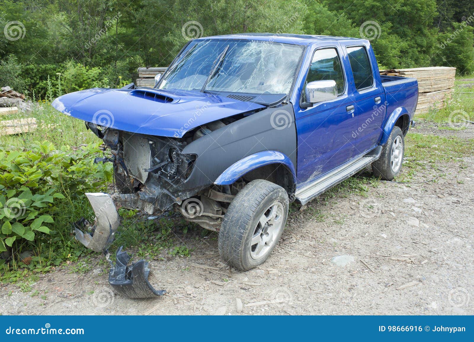 Blue wrecked car stock photo. Image of hood, dangerous - 98666916