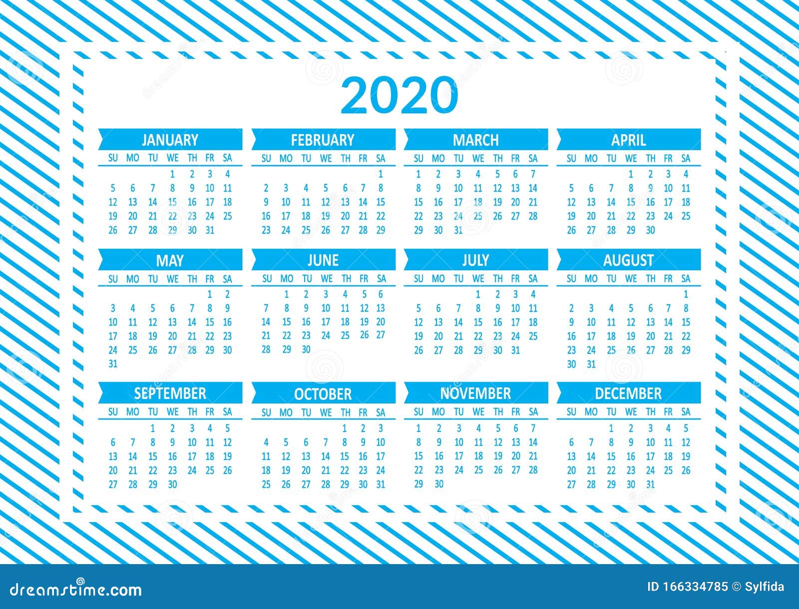 Blue Yearly Calendar 2020 Template. Week Starts from Sunday Stock ...