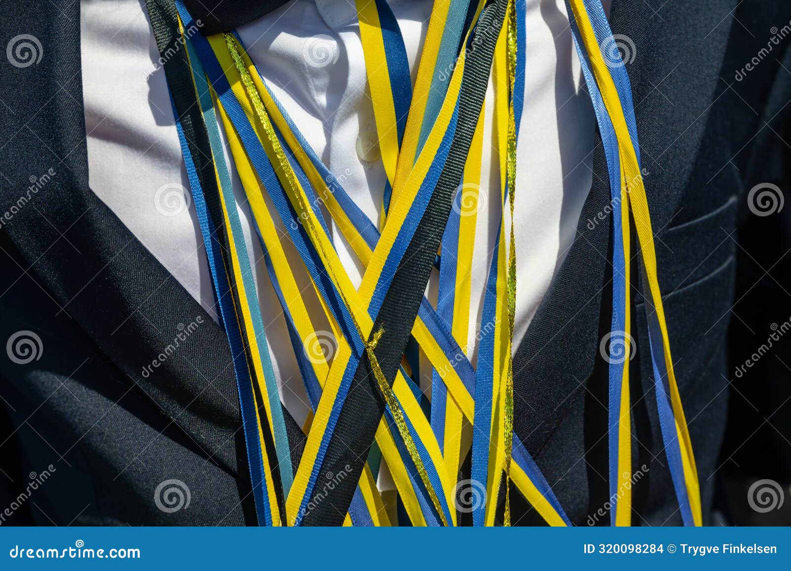 Blue and Yellow Bands Hanging Around the Neck of a Student.. Stock ...