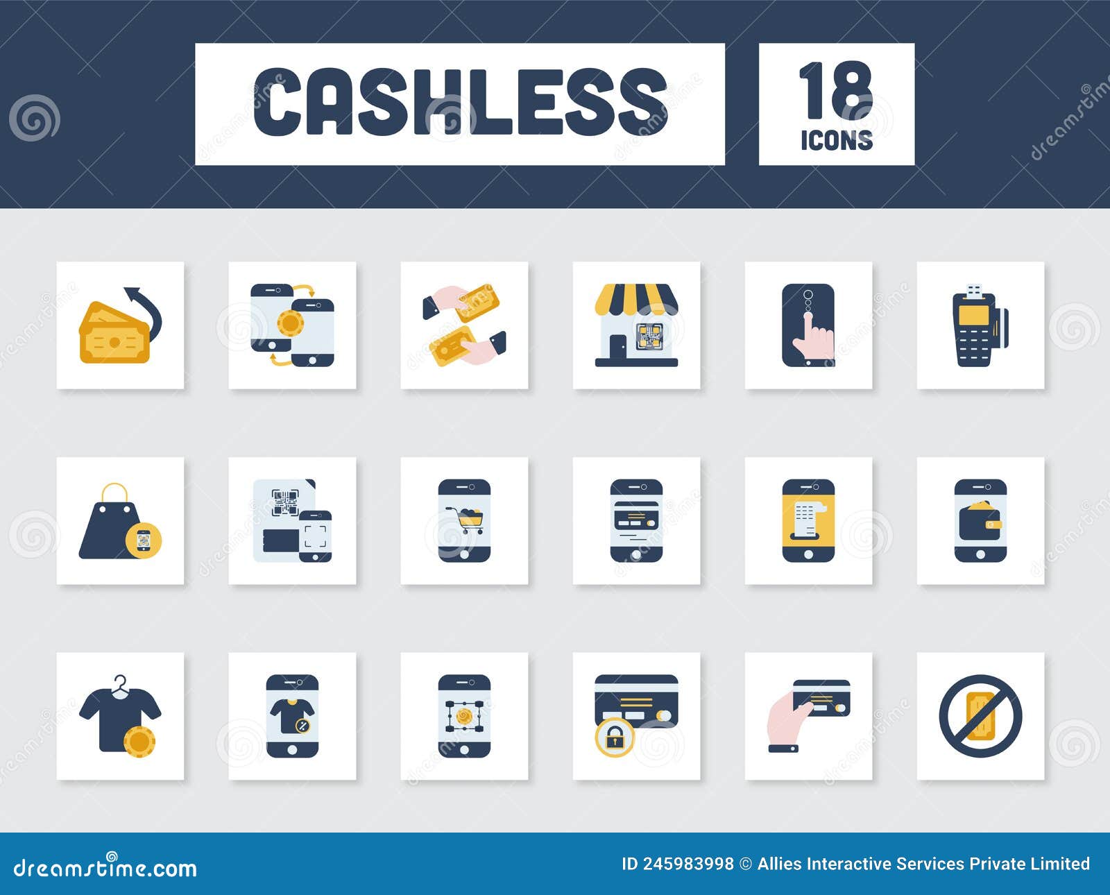 Blue and Yellow Cashless Icon or Symbol Set in Flat Stock Illustration ...