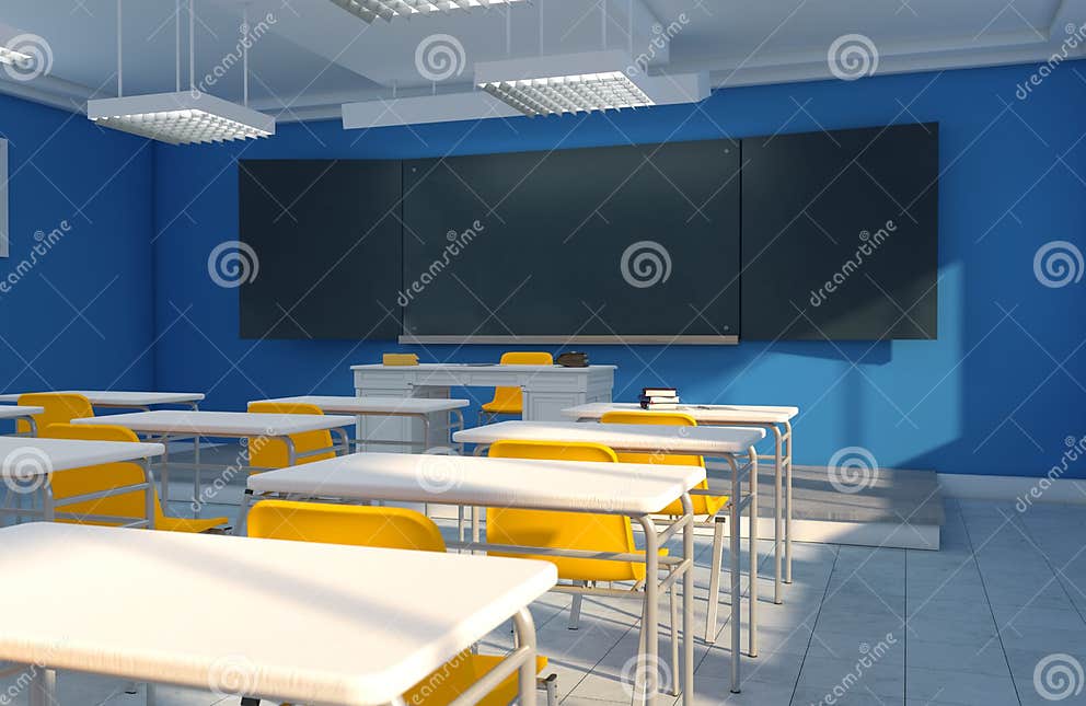 Blue and yellow classroom stock illustration. Illustration of people ...