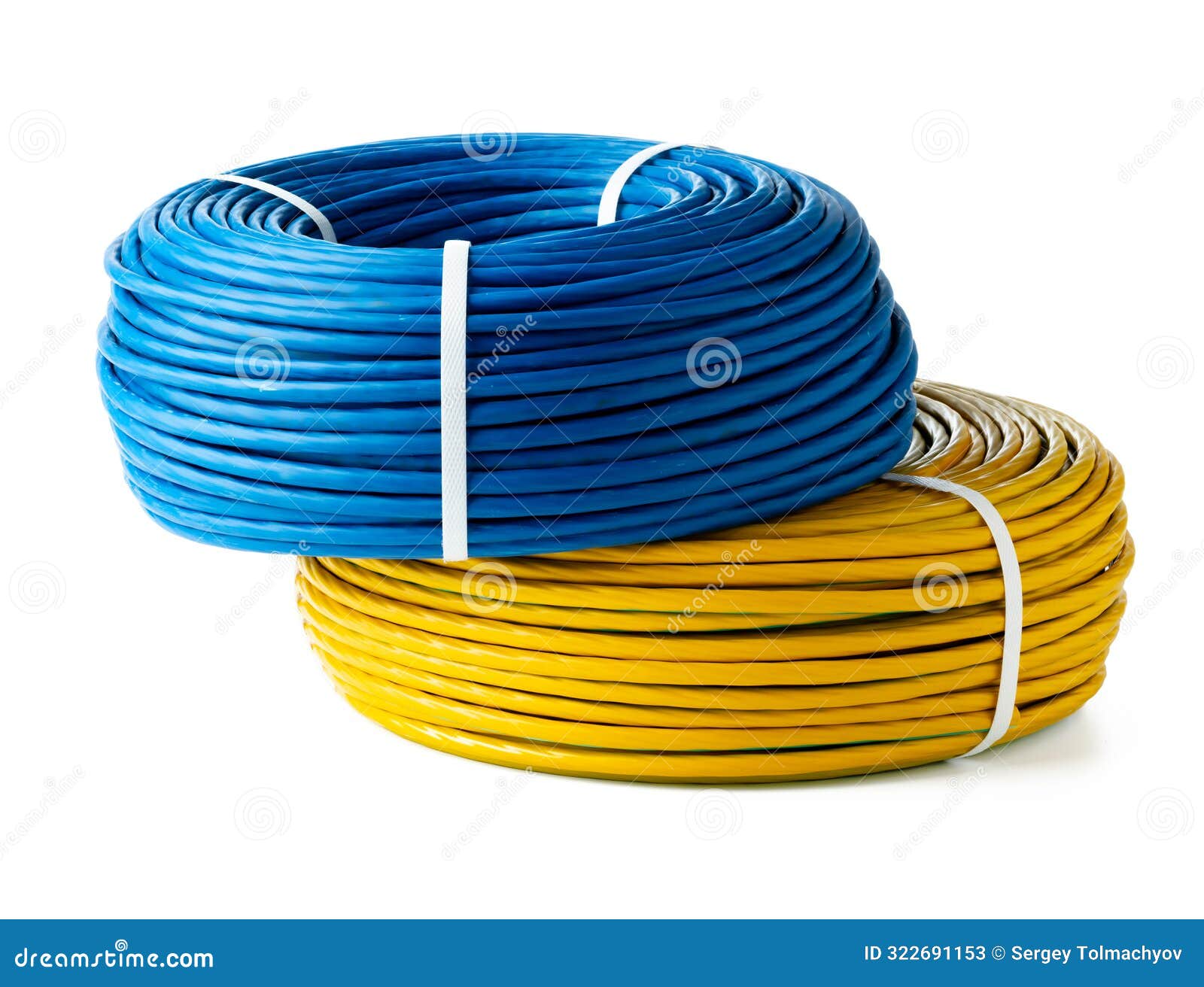 Blue and Yellow Electrical Wire Spools Isolated on White Background ...