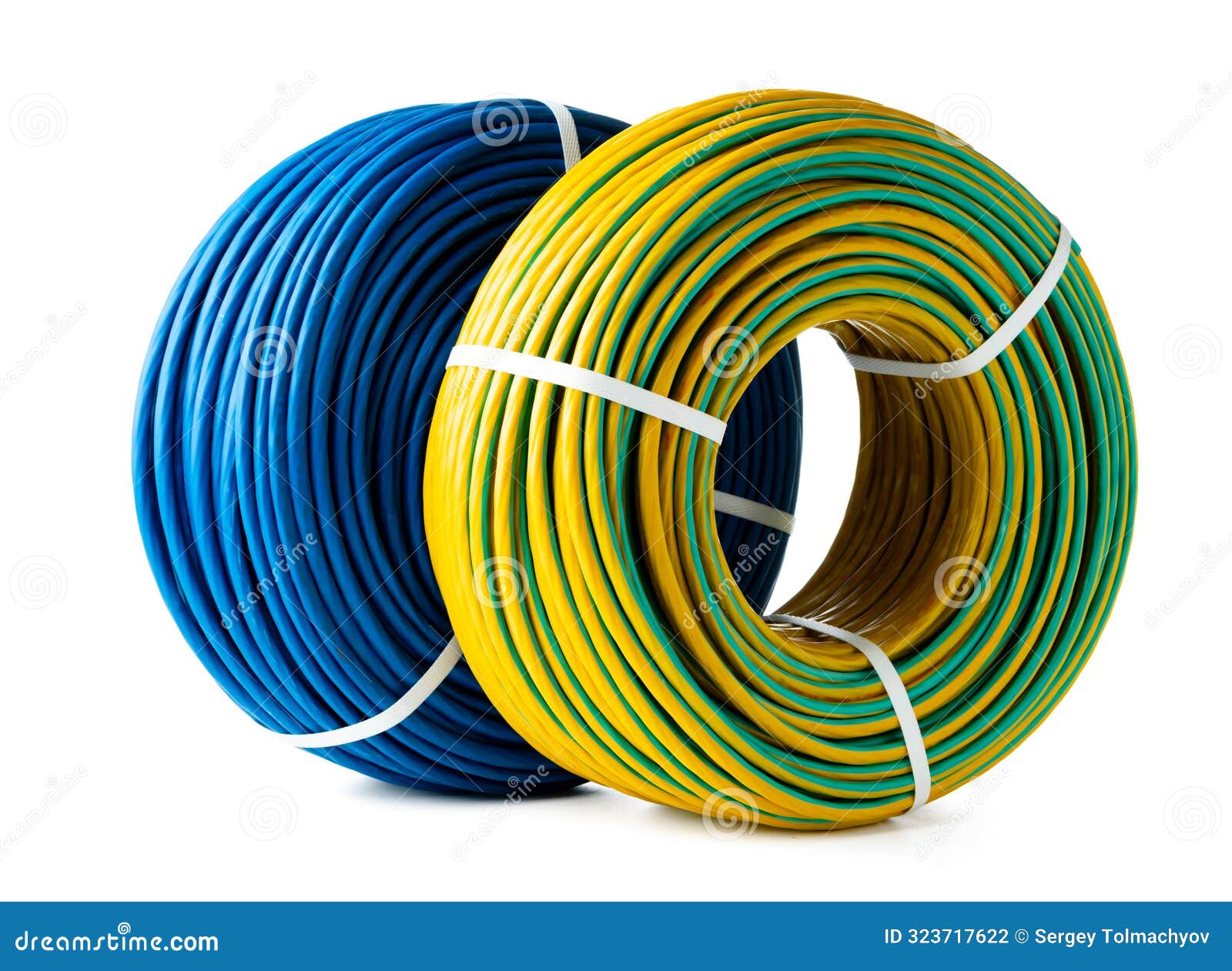 Blue and Yellow Electrical Wire Spools Isolated on White Background ...