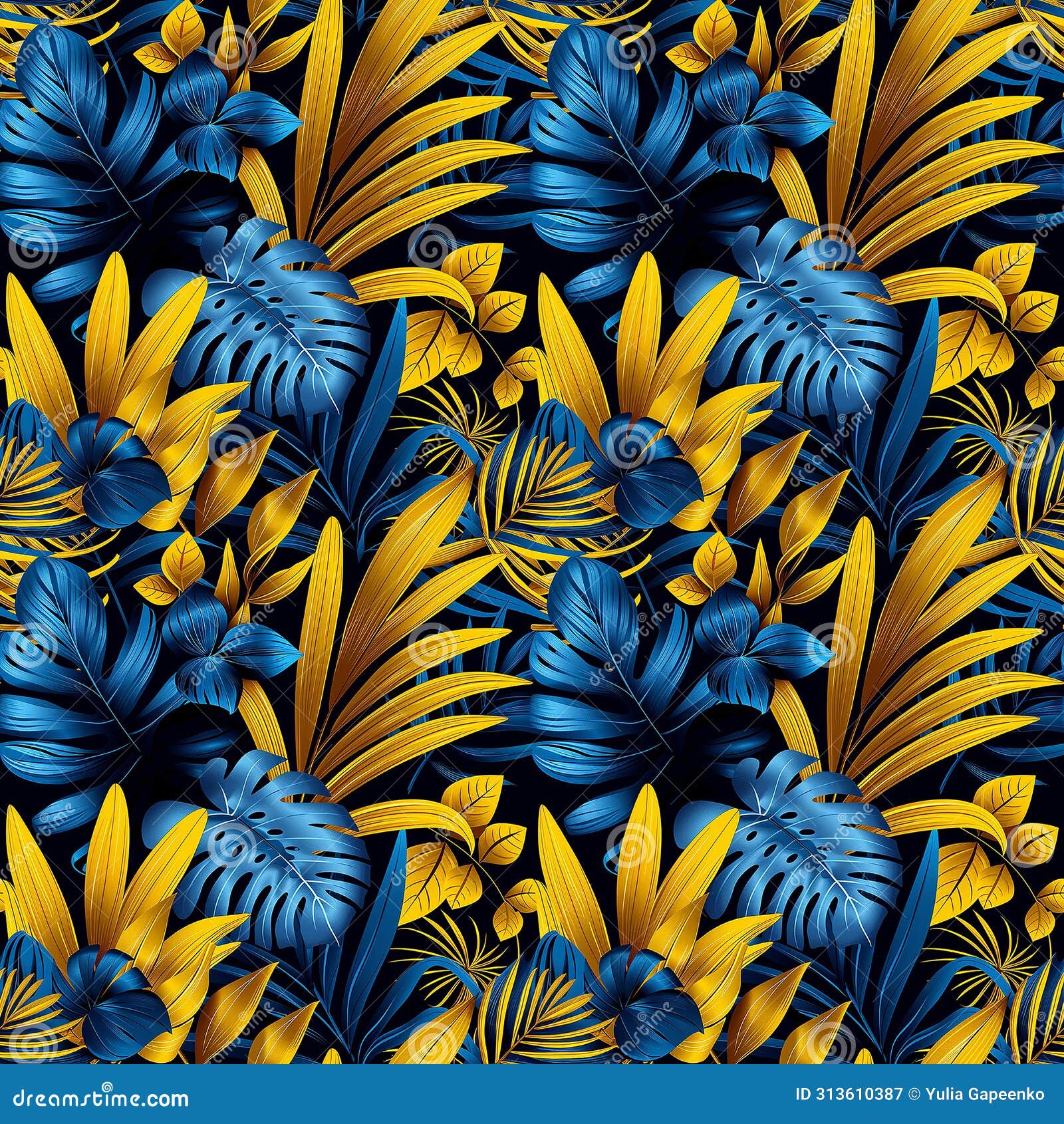 Blue and Yellow Flower Pattern on Black Stock Image - Image of ...