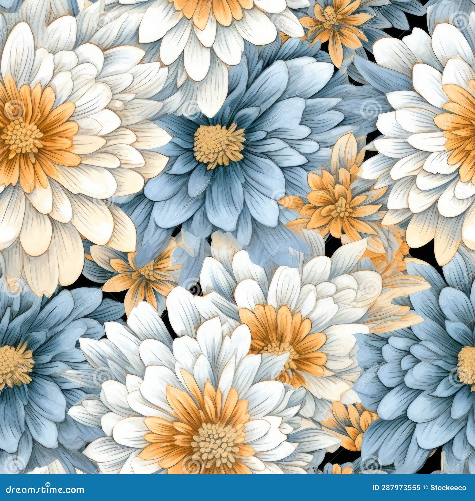 Blue and Yellow Flower Seamless Pattern on Black Background Stock ...