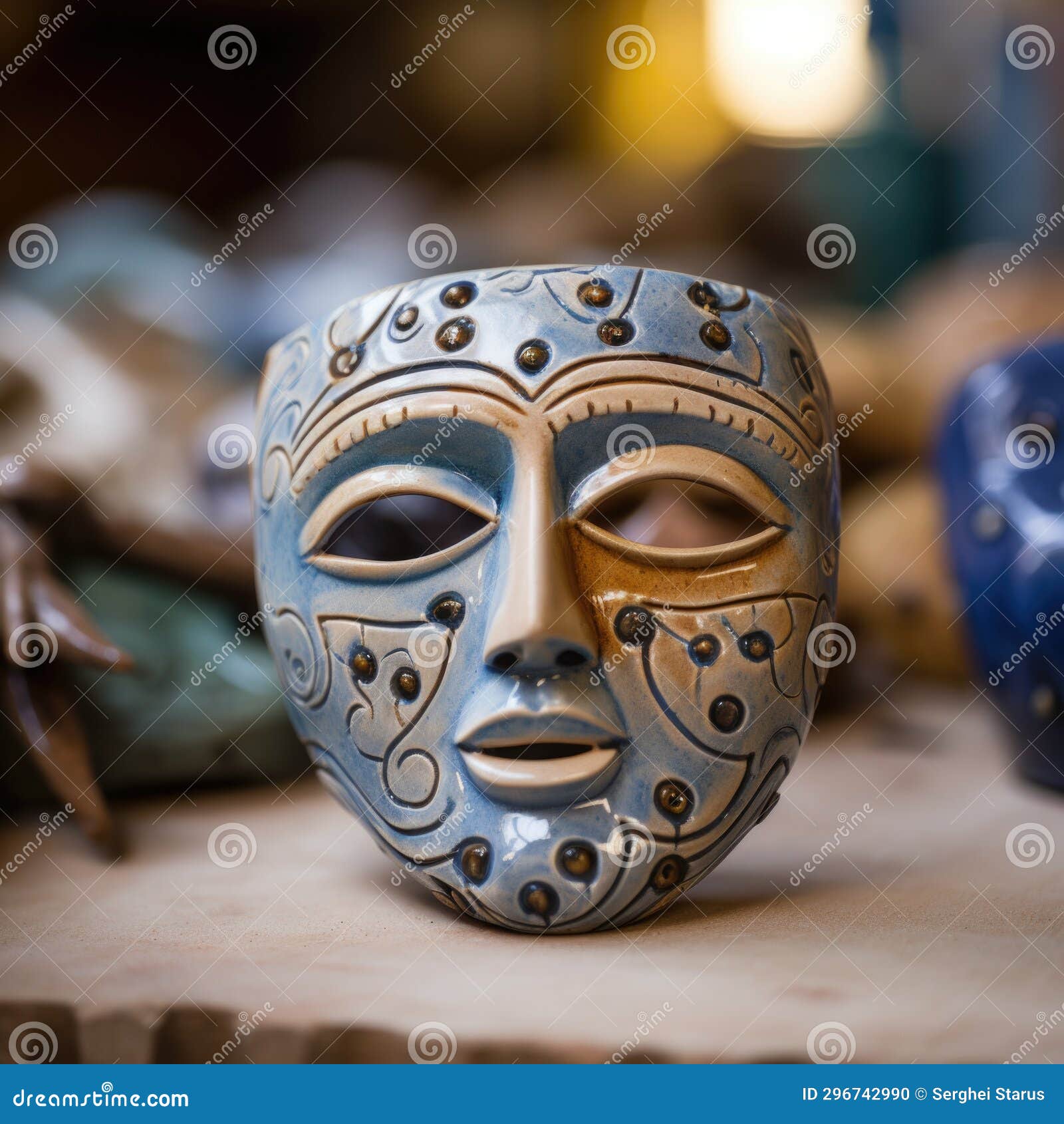 A Blue and Yellow Mask on a Table, AI Stock Illustration - Illustration ...