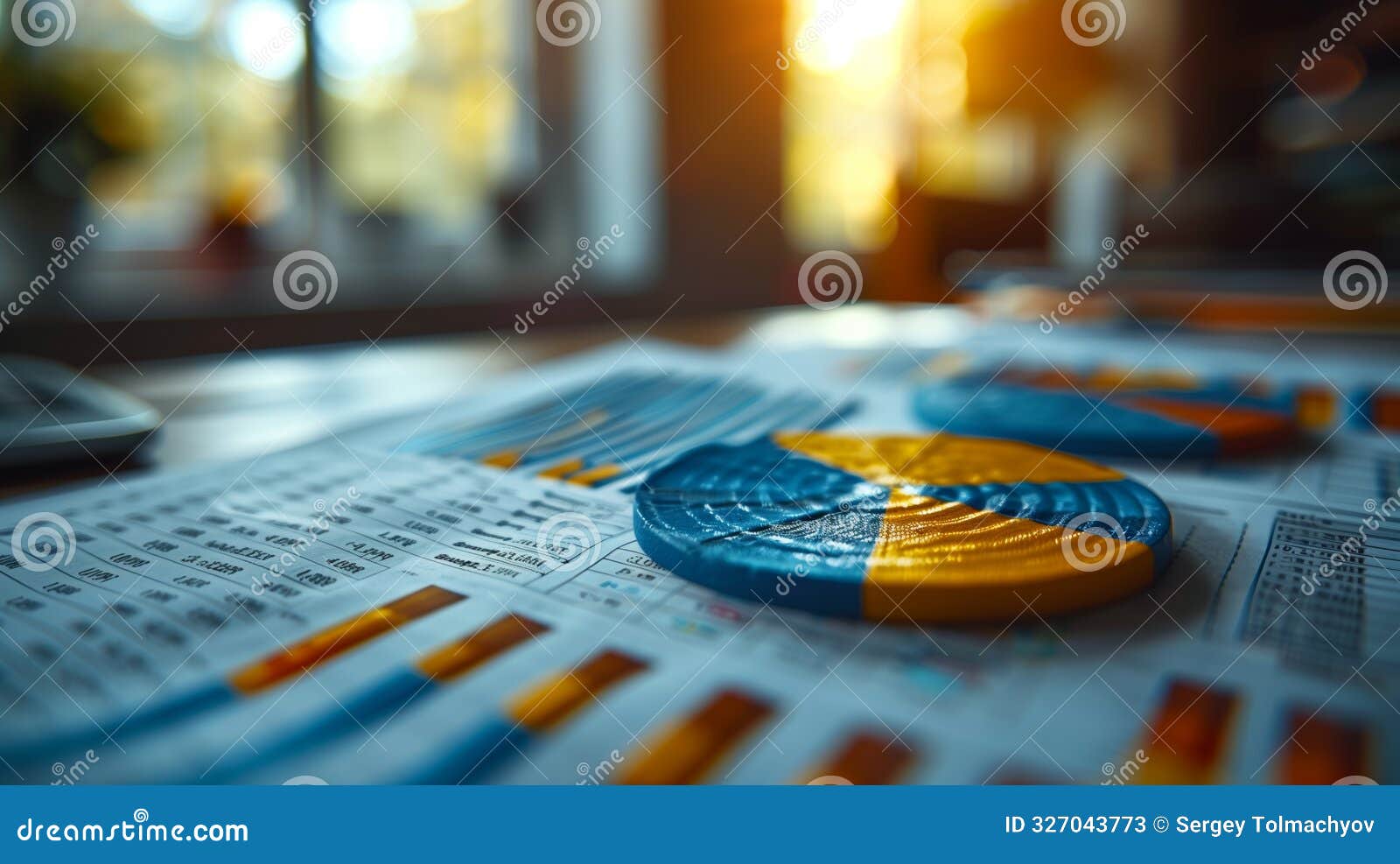 Blue and Yellow Pie Chart on Desk with Spreadsheets Stock Image - Image ...