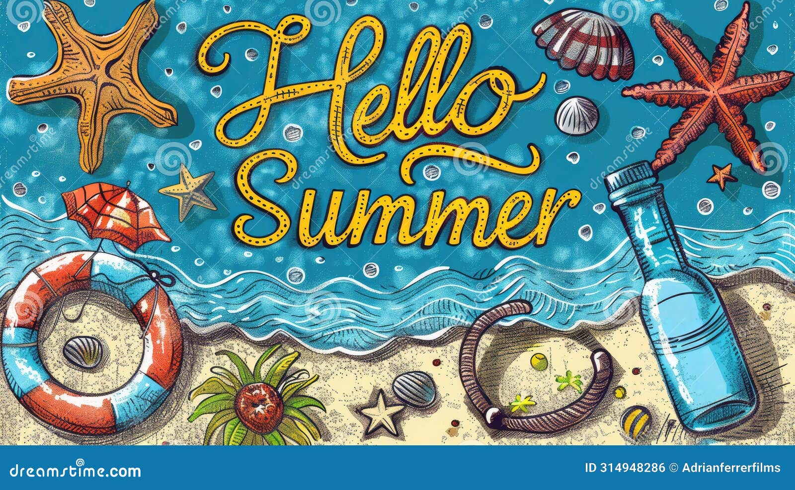 A Blue and Yellow Sign with a Beach Scene Stock Photo - Image of sand ...