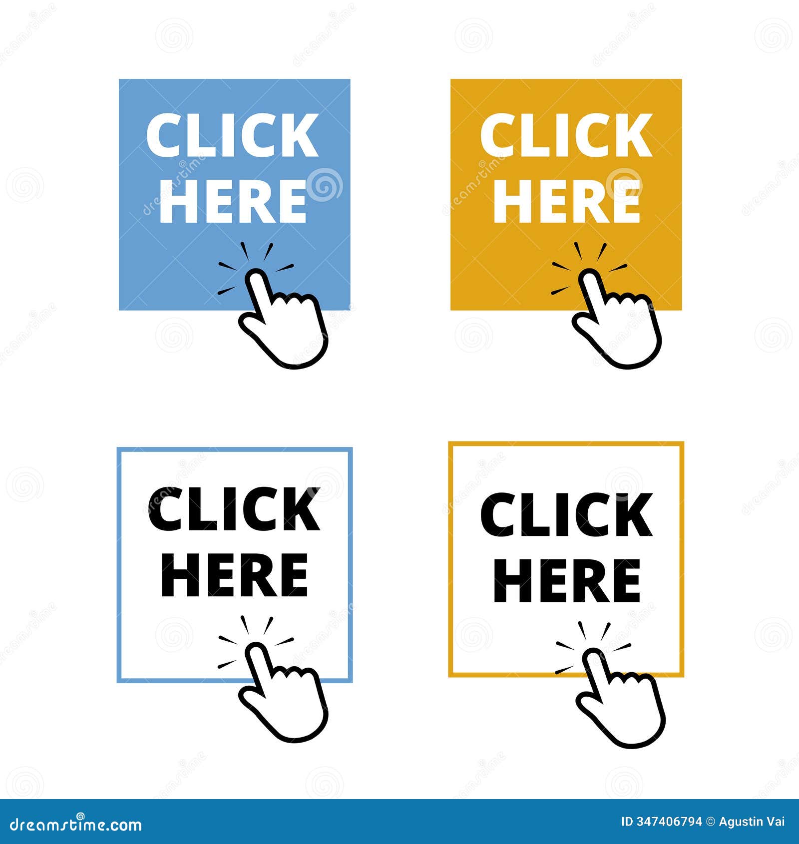 Blue and Yellow Square Click Here Button with a Hand Clicking on a ...