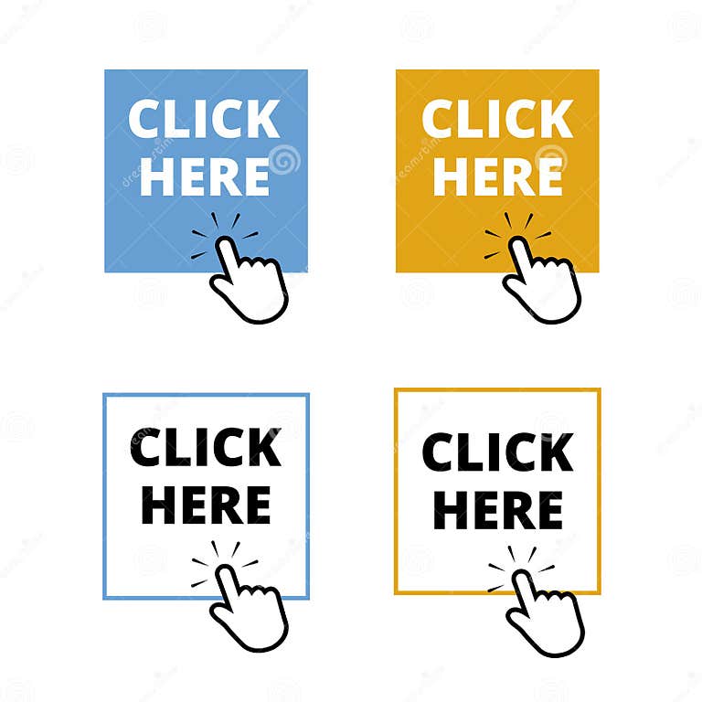 Blue and Yellow Square Click Here Button with a Hand Clicking on a ...