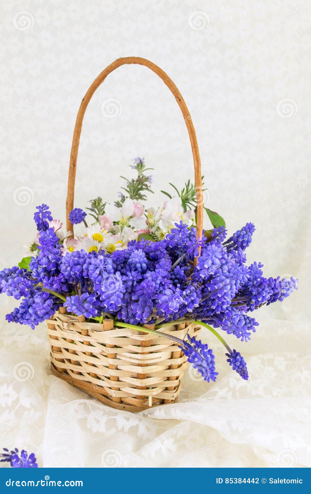 Bluebell and Spring Flowers Bouquet in Wicker Basket Stock Photo ...