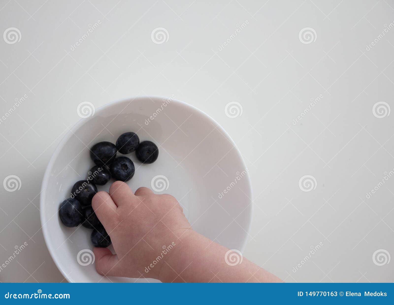 Blueberries in the Hands of a Child. Child`s Hand Takes Blueberries ...