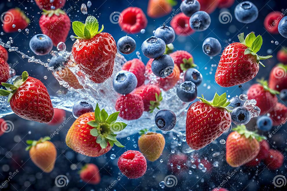 Blueberries, Strawberries and Raspberries Explode in a Splash of Water ...