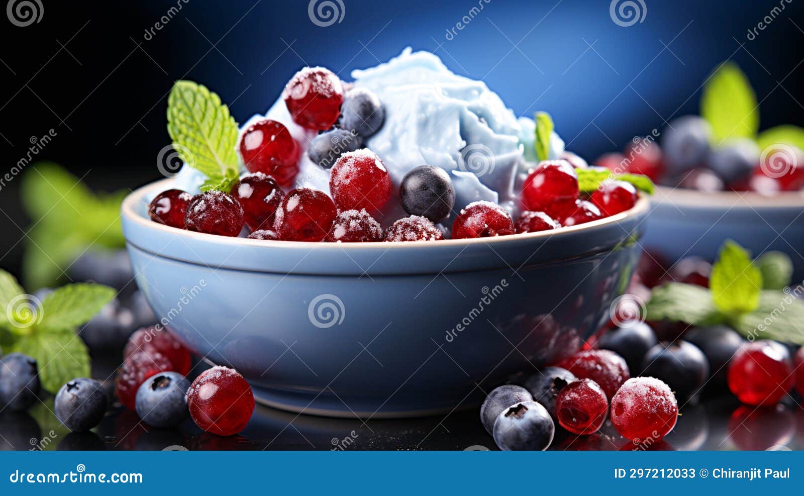 Blueberry Dessert in a Bowl on Blue Color Background Stock Image ...