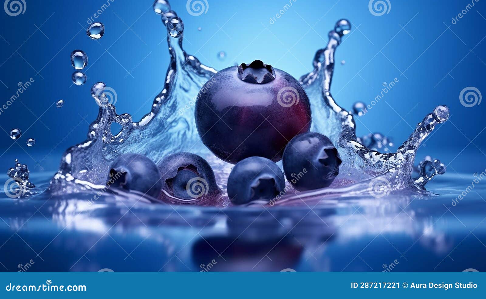 Blueberry Dropped on the Blue Water Surface with Blueberry Slice and ...