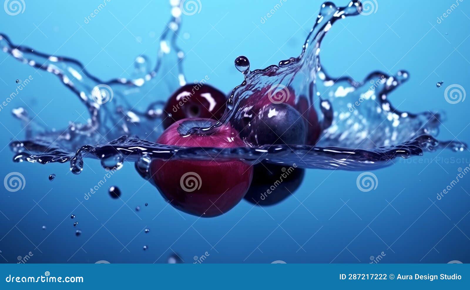 Blueberry Dropped on the Blue Water Surface with Blueberry Slice and ...