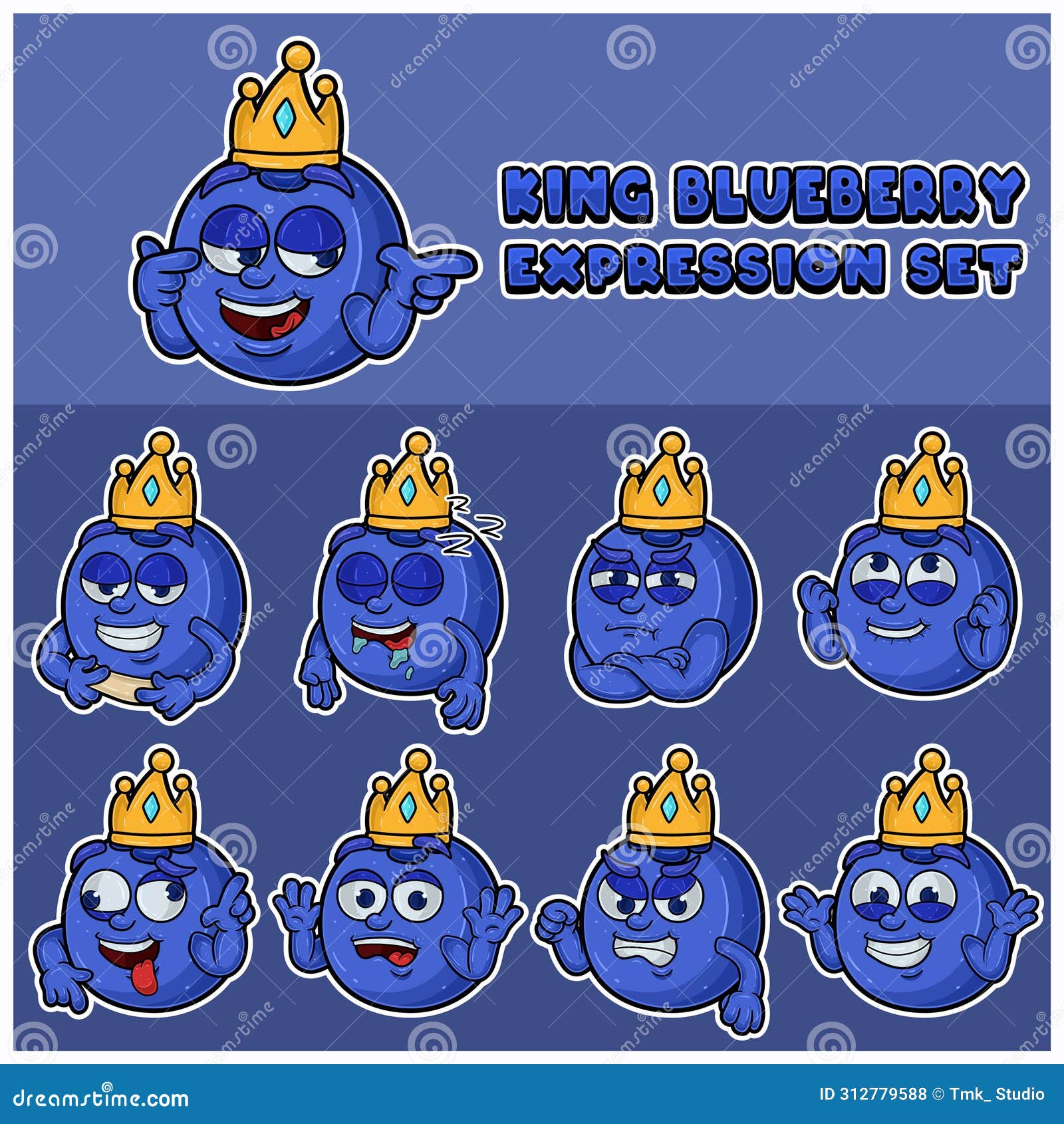 Blueberry Fruit Mascot Character Cartoon with Crown and Face Expression ...