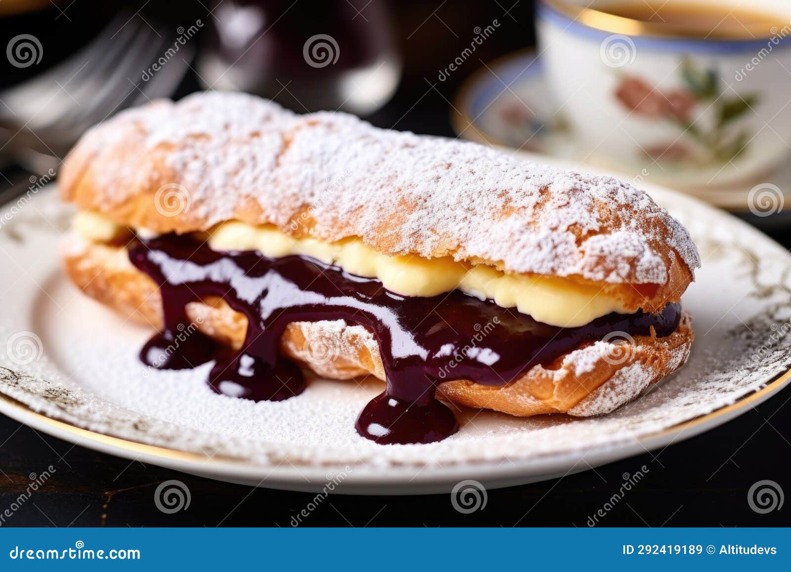 Blueberry Jam-filled Eclair Dusted with Icing Sugar on a Saucer Stock ...