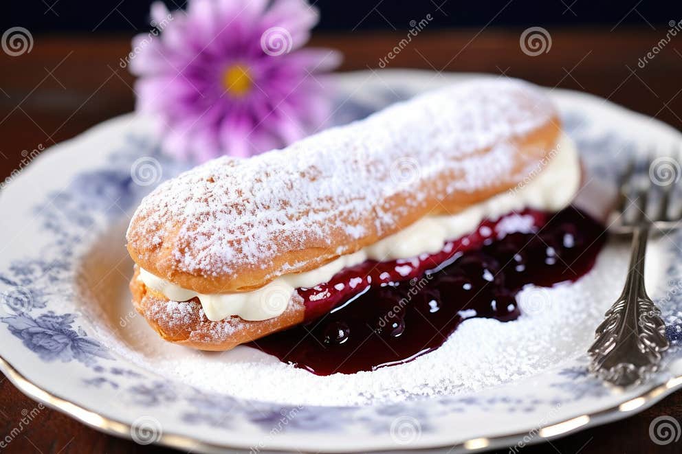 Blueberry Jam-filled Eclair Dusted with Icing Sugar on a Saucer Stock ...
