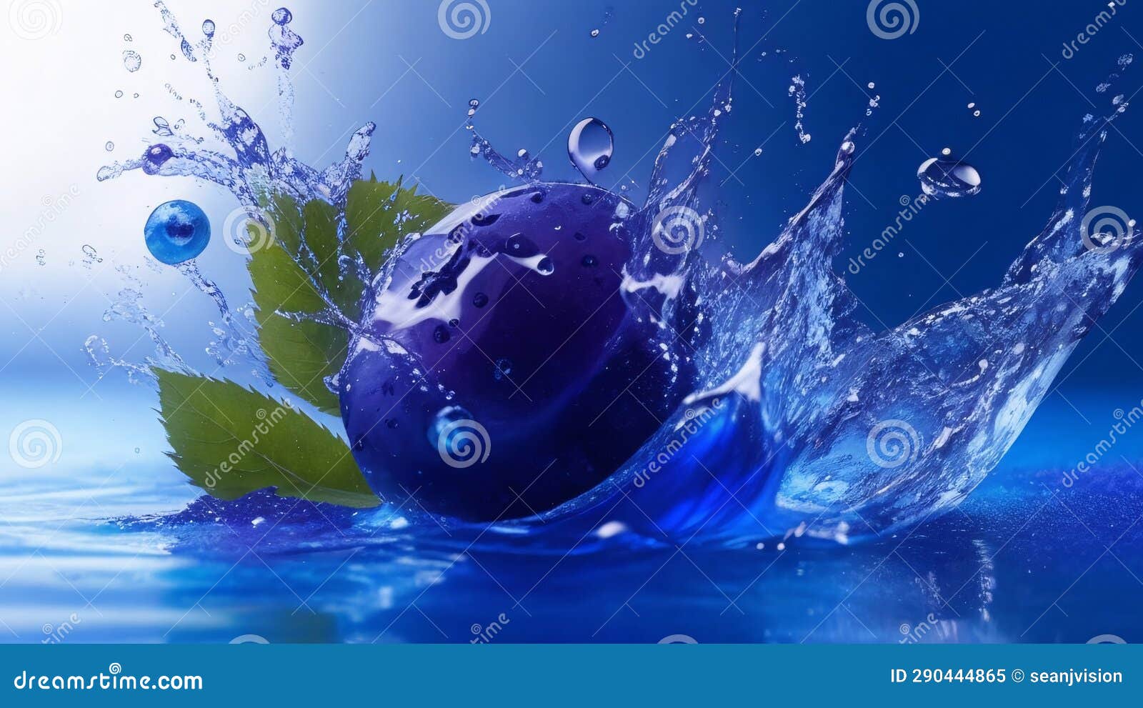 Blueberry and Leaves in Water with Splash on Blue Background Stock ...