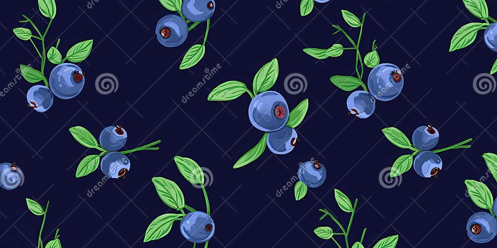 Blueberry Pattern with Leaves on Black Background, Pattern Design Stock ...