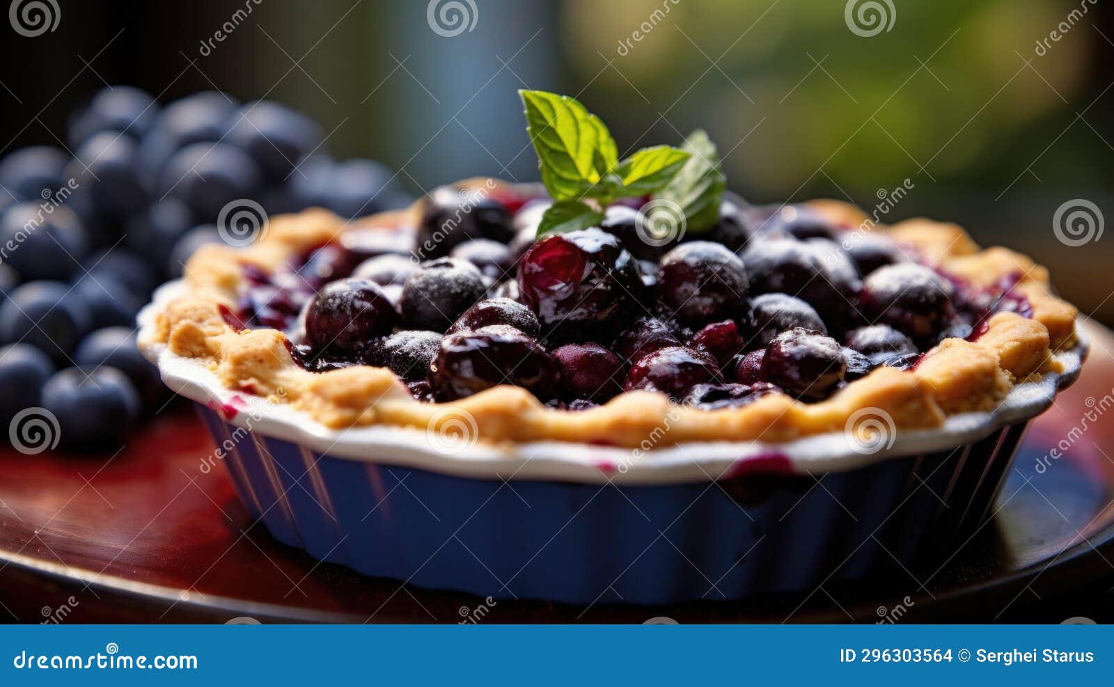 Blueberry Pie with Mint Leaves in a Blue Bowl, AI Stock Photo - Image ...