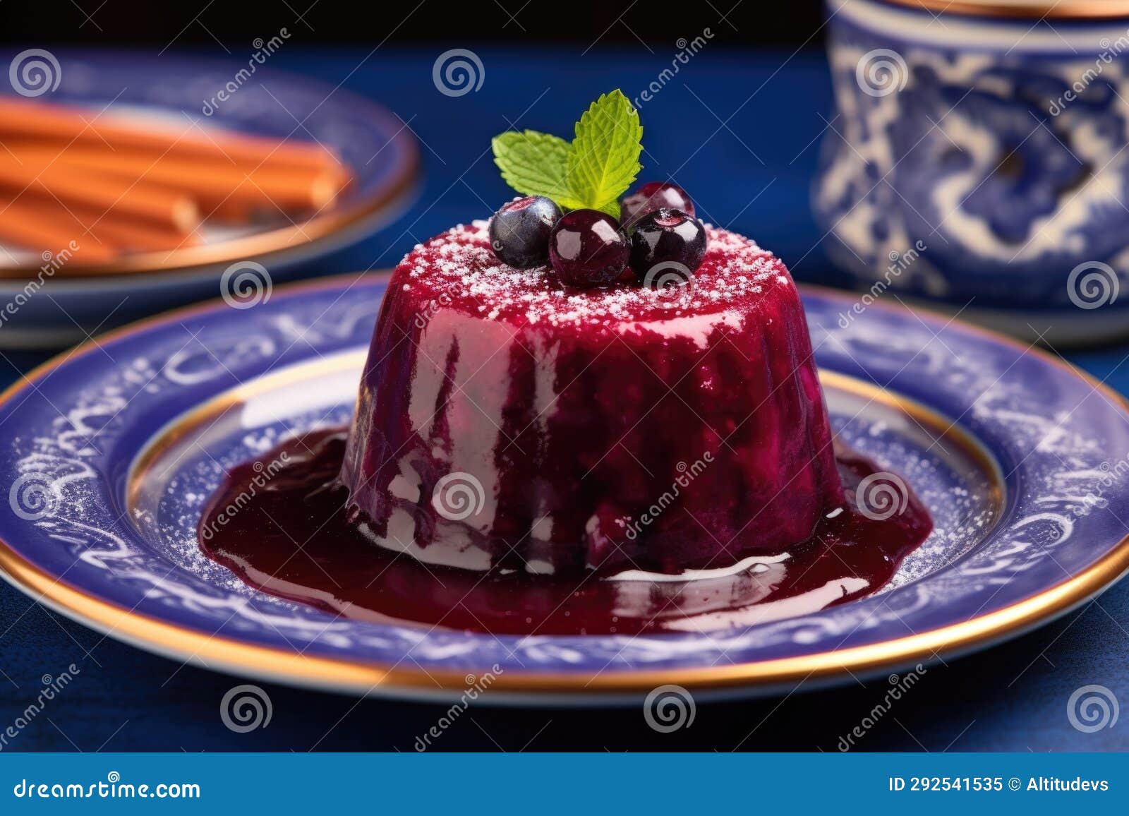 Blueberry Pudding on a Blue Ceramic Plate Stock Image - Image of blue ...