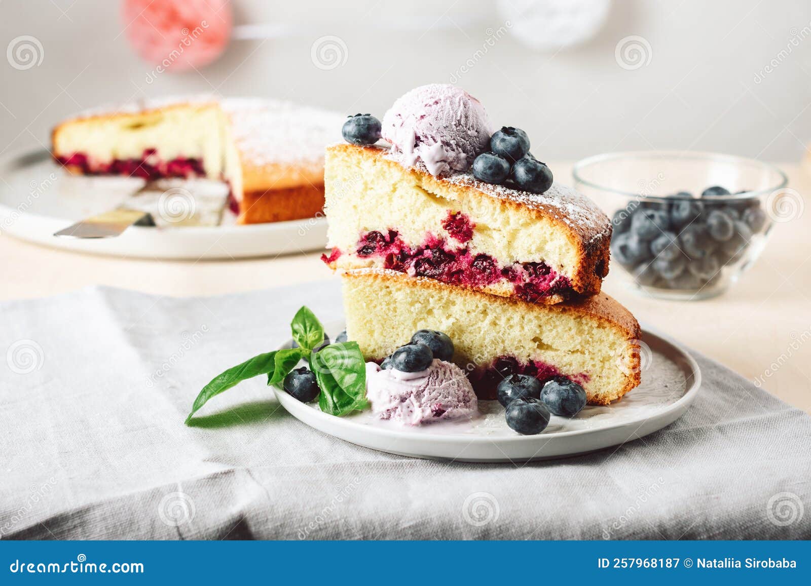 Blueberry Sponge Cake with Berry Ice Cream Stock Image - Image of ...