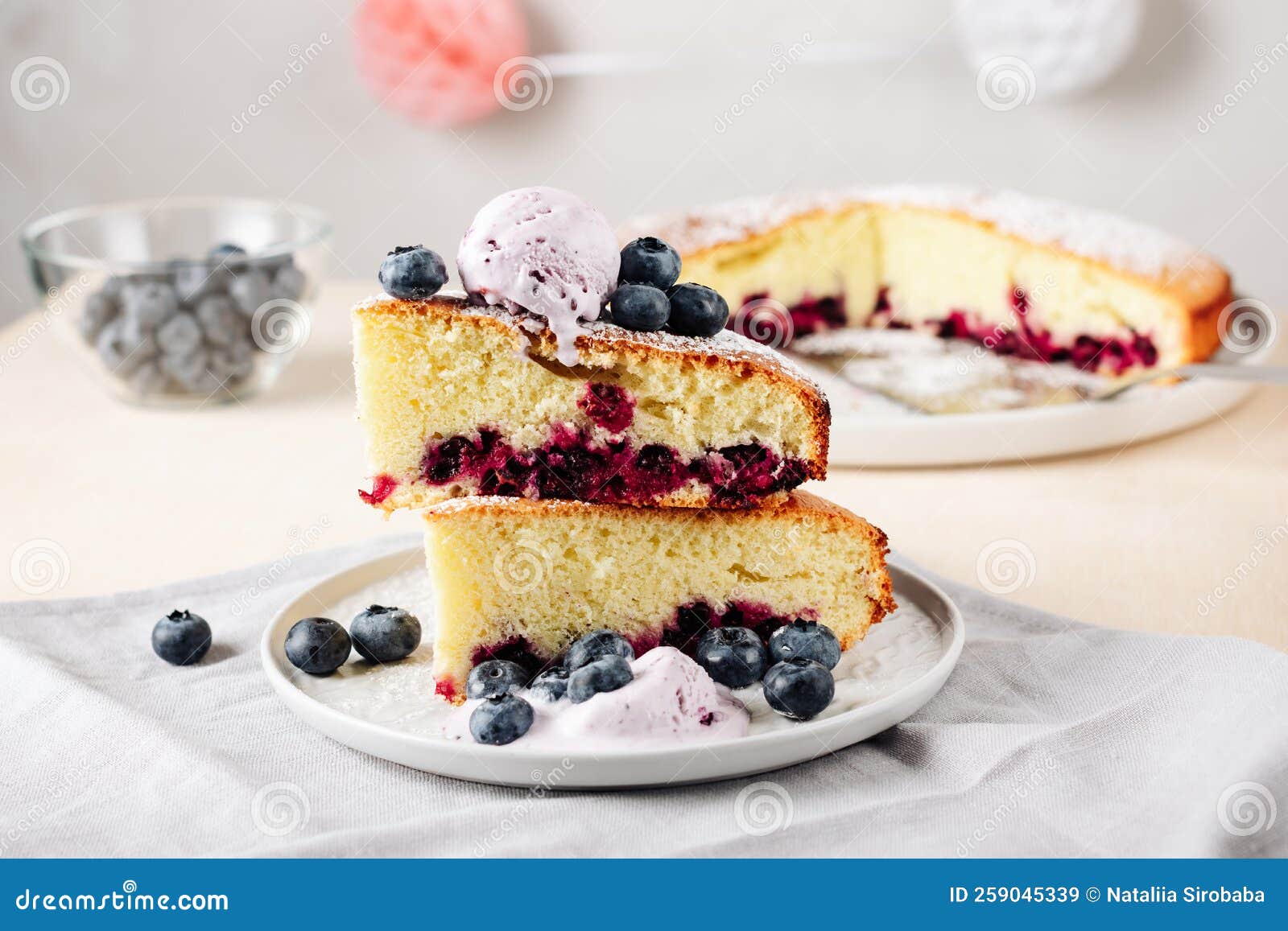 Blueberry Sponge Cake with Ice Cream Stock Image - Image of piece ...