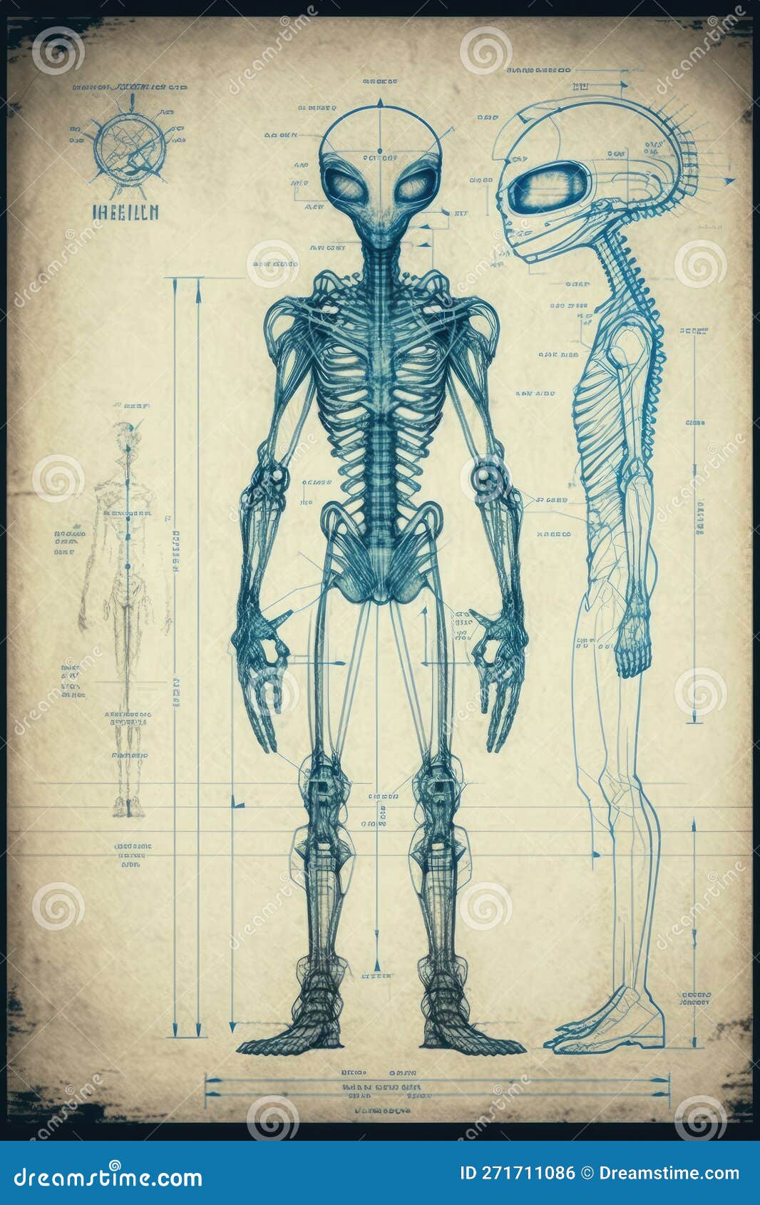 Blueprint of an alien stock illustration. Illustration of text - 271711086