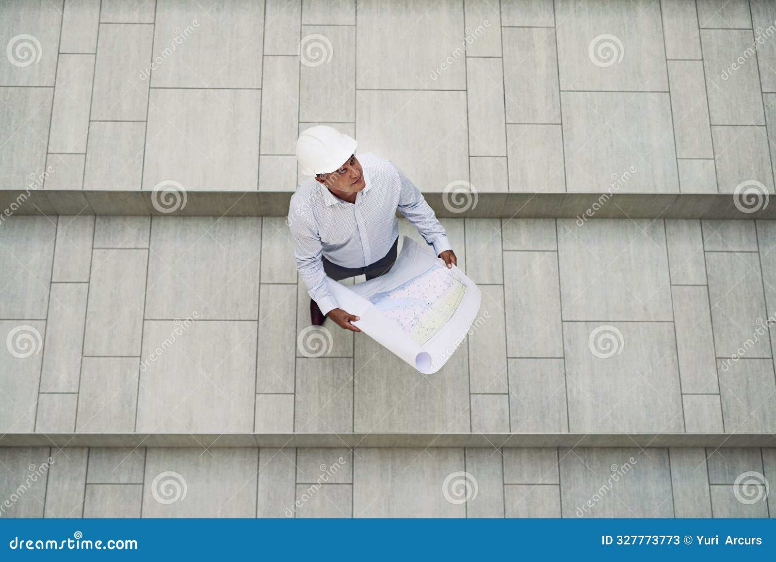 Blueprint, Architect and Top View of Man at Construction Site for ...
