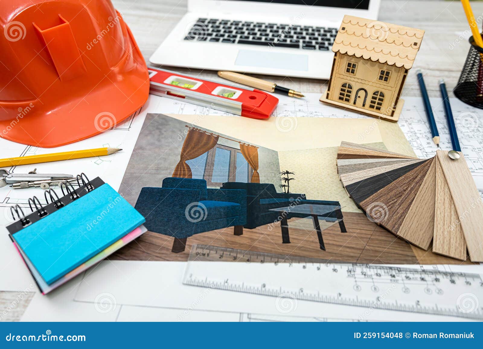 Blueprint and Architectural Tools, Helmet and Other Tools Stock Photo ...