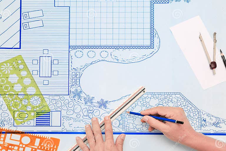 Blueprint Backyard Garden Design Plan for Villa. Stock Image - Image of ...