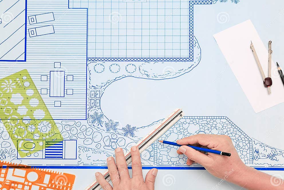 Blueprint Backyard Garden Design Plan for Villa. Stock Image - Image of ...