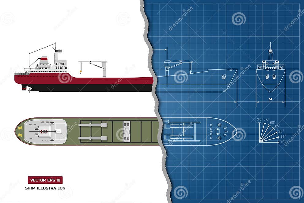 Blueprint of Cargo Ship. Top, Side and Front View Stock Vector ...