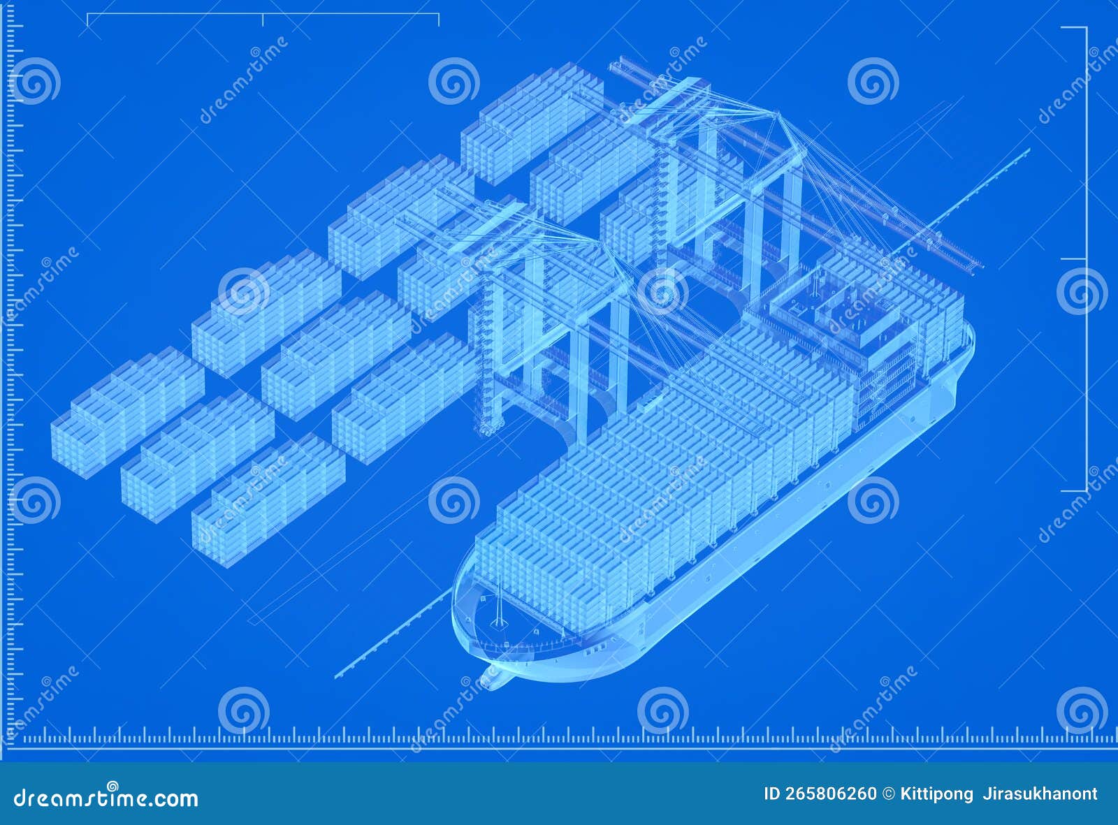 Blueprint of Cargo Ship or Vessel with Containers at Terminal Port ...