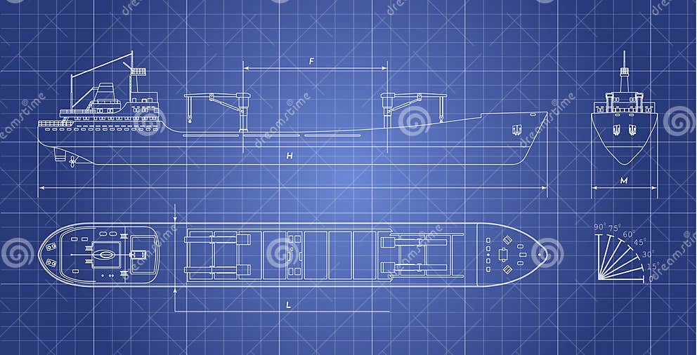 Blueprint of Cargo Ship on a White Background. Top, Side and Front View ...