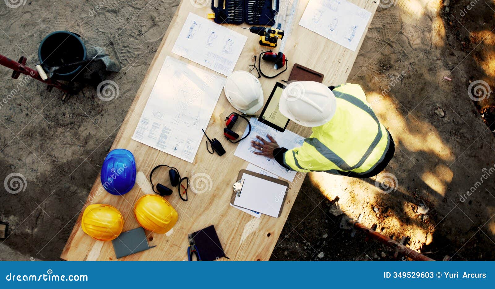 Blueprint, Construction and Man at Table with Layout, Tablet or ...