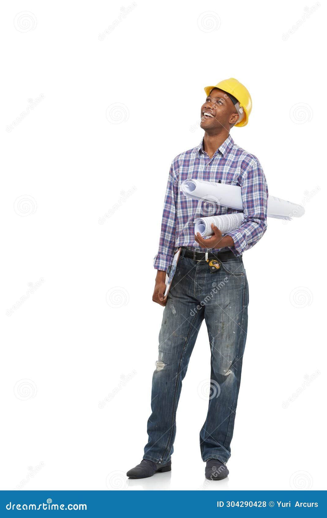 Blueprint, Construction and Man on a White Background for Thinking ...
