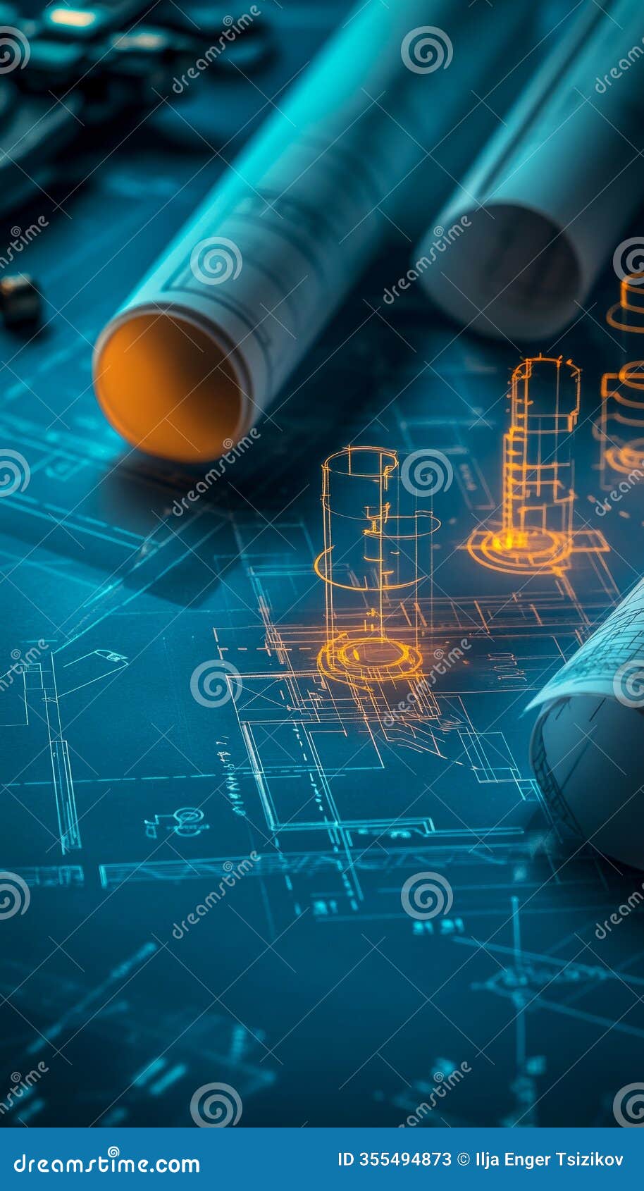 Blueprint Design with Architectural and Mechanical Elements. Technical ...