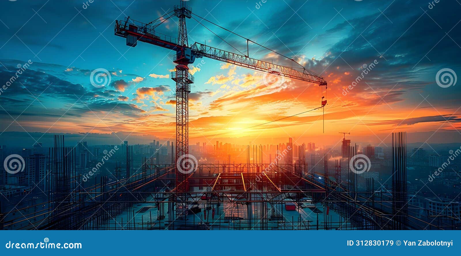 Blueprint Design for Construction Project with Workers and Crane ...